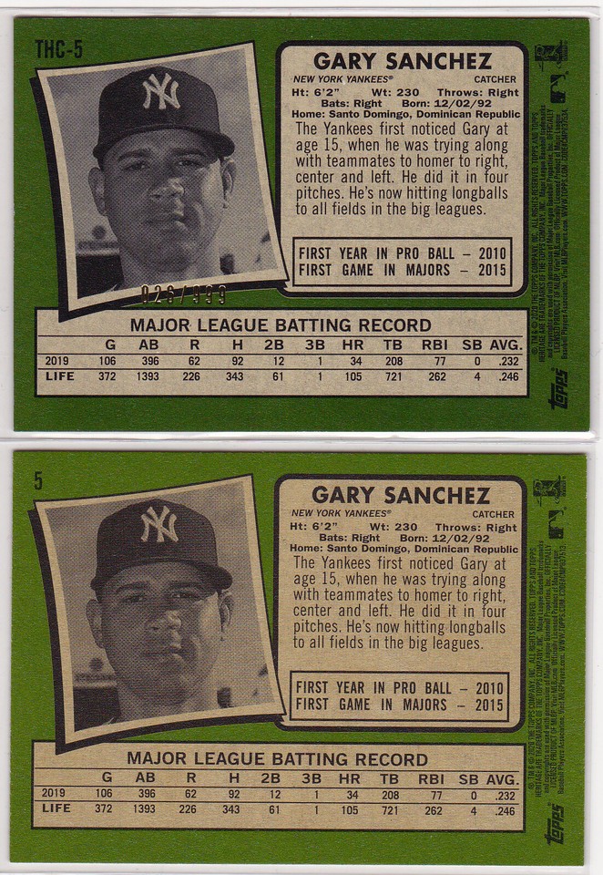 Gary Sanchez Yankees 2020 Topps Heritage Black Chrome 026/999 & Base #5 ...