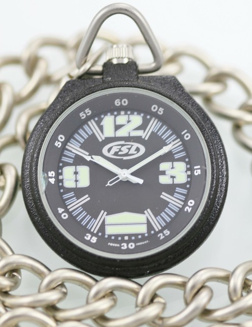 Fossil Watch Men's FSL Pocket Stainless Black Dial Silver Case Chain ...