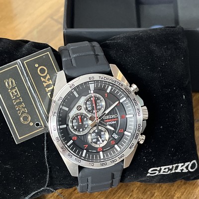 SEIKO ESSENTIALS Chronograph Black Silicone 44mm Men's Watch - SSB325 ...