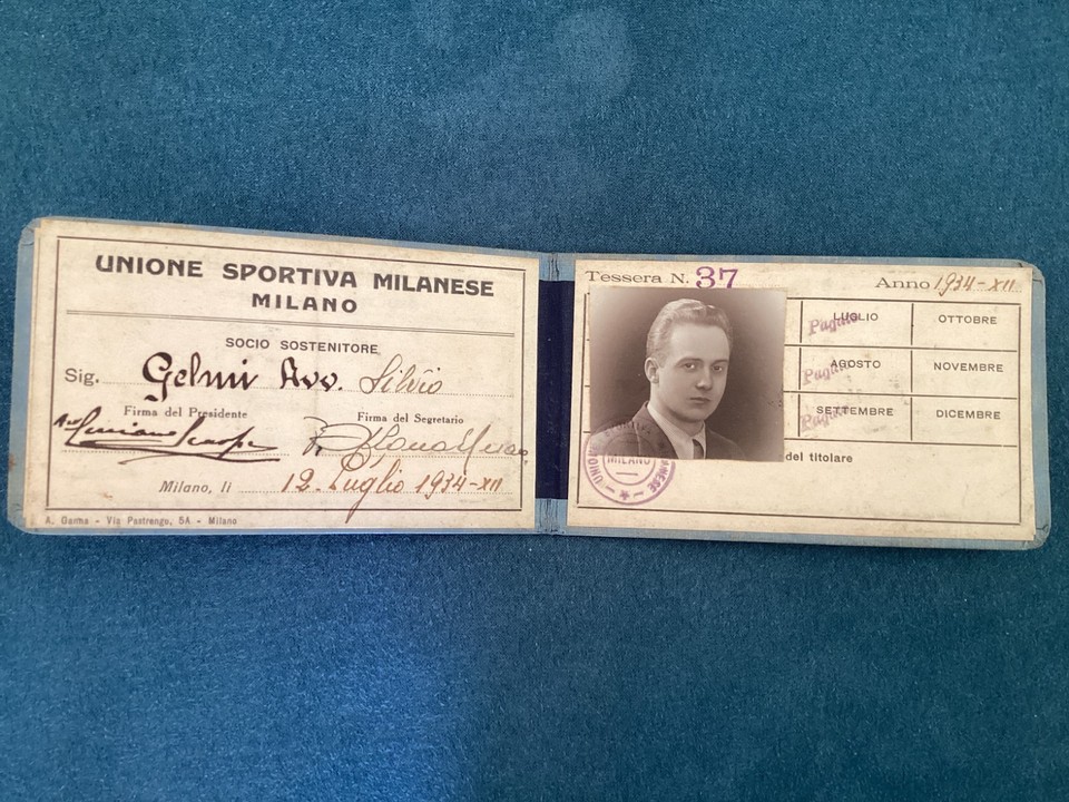 TESSERA CALCIO CAMPIONATO 1934 XII SOCIO UNIONE SPORTIVA MILANESE ...