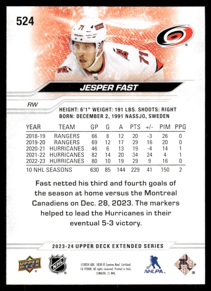 2023-24 Upper Deck #524 Jesper Fast | eBay