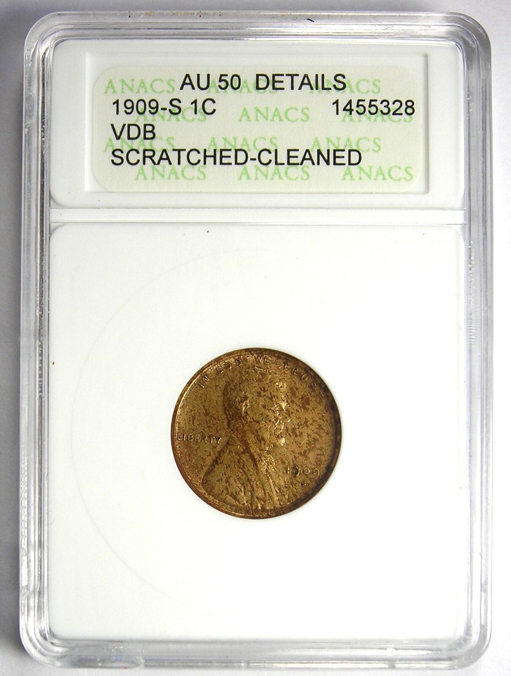 1909-S VDB Lincoln Wheat Cent 1C Penny - ANACS AU50 Details - Rare Key ...