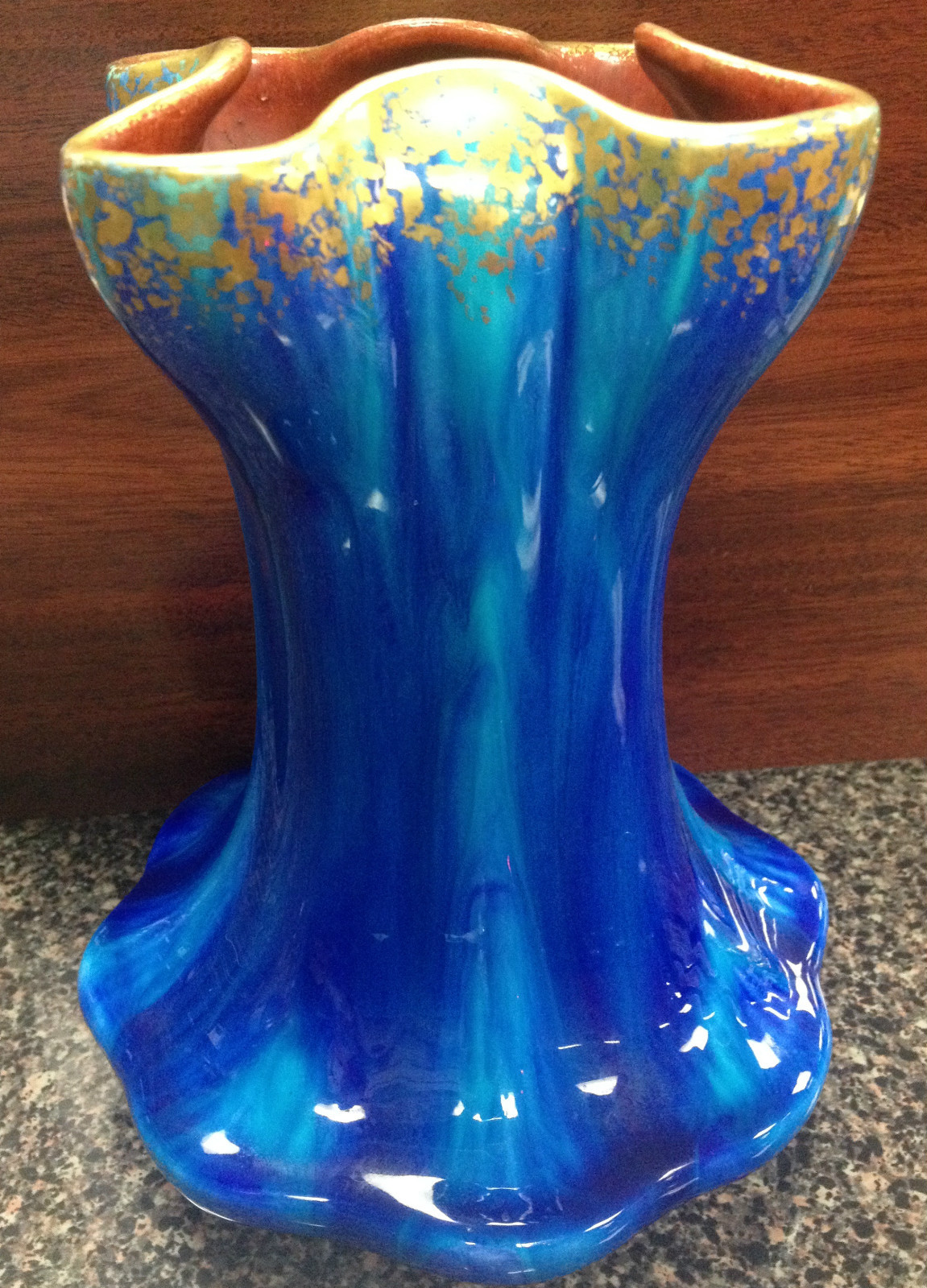 Sarreguemines Ocean Blue Vase Gold Trim 8" Beautiful + Unique Shape ...