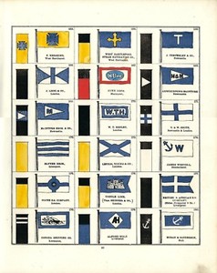 Stampa antica BANDIERE MARINA MERCANTILE Tav.10 House Flags 1882 ...
