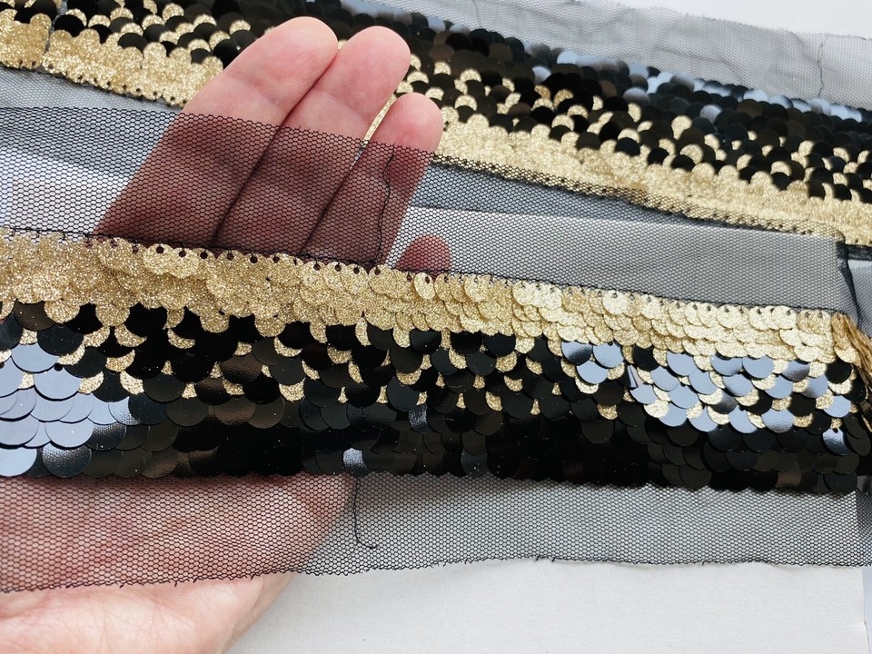 2 Yds Gold & Black Sequined Mesh Border Trim/Sewing/Craft/Dance-wear/3. ...