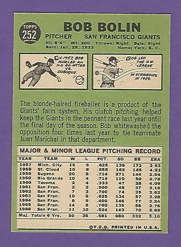 1967 Topps - #252 Bobby Bolin - San Francisco Giants - NrMt+ | eBay