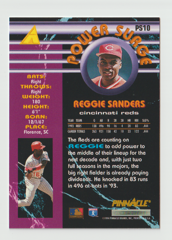 1994 Pinnacle Baseball Power Surge #PS10 Reggie Sanders - Cincinnati ...