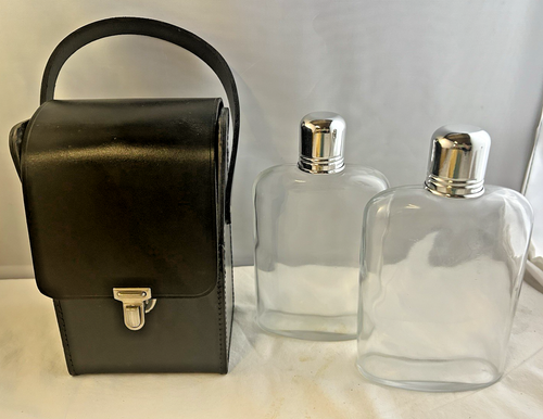 Vintage Double Hip Flask Set Glass Flasks W/ Black Leather Carrying ...