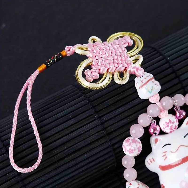 1pc Pink Lucky Cat Charm Ceramic Car Hanging Pendant Chinese Knot ...