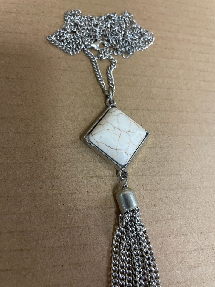 Polished Square Stone Pendant Silver Tone 16" Chain | eBay