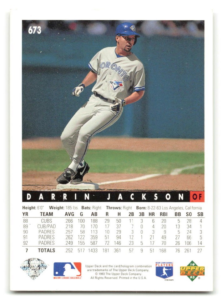 Darrin Jackson 1993 Upper Deck BASEBALL #673 Toronto Blue Jays | eBay