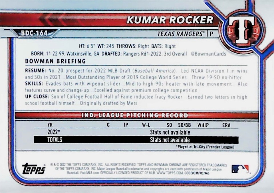 2022 Bowman Chrome Sapphire BDC-164 Kumar Rocker 1st Bowman Rookie ...