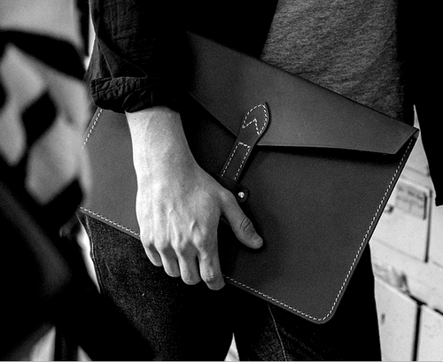 file Folder pocket cow Leather Messenger bag Briefcase ipad Pouch black ...