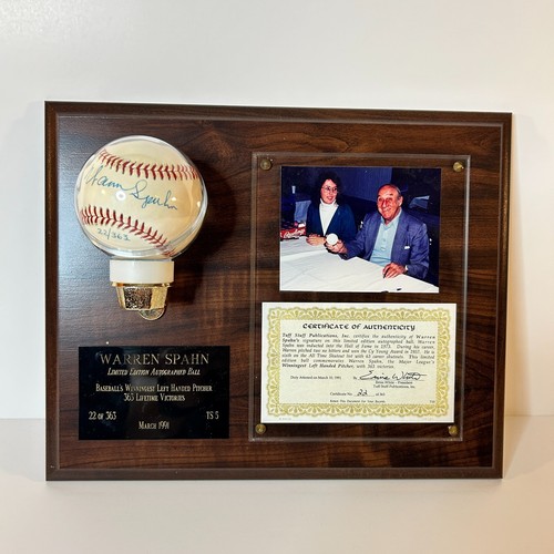 WARREN SPAHN BRAVES HOF AUTOGRAPHED BALL AND PLAQUE FEATURING PICTURE ...