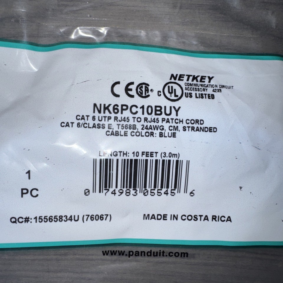 NEW Panduit / NetKey NK6PC10BUY Cat 6 UTP RJ45 10' Blue Patch Cord | eBay