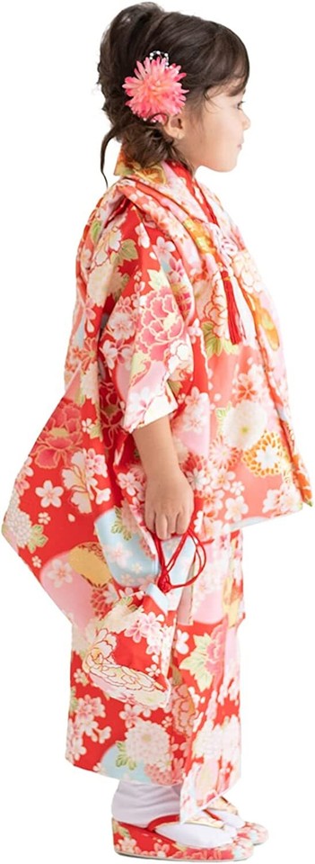 Full Kimono Set Girls Ceremony Celebration 3 years New Years Red Flower ...