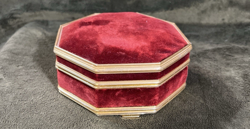 Vintage Red Velvet & Brass Octagon Shaped Jewelry Trinket Box w/ Mirror ...