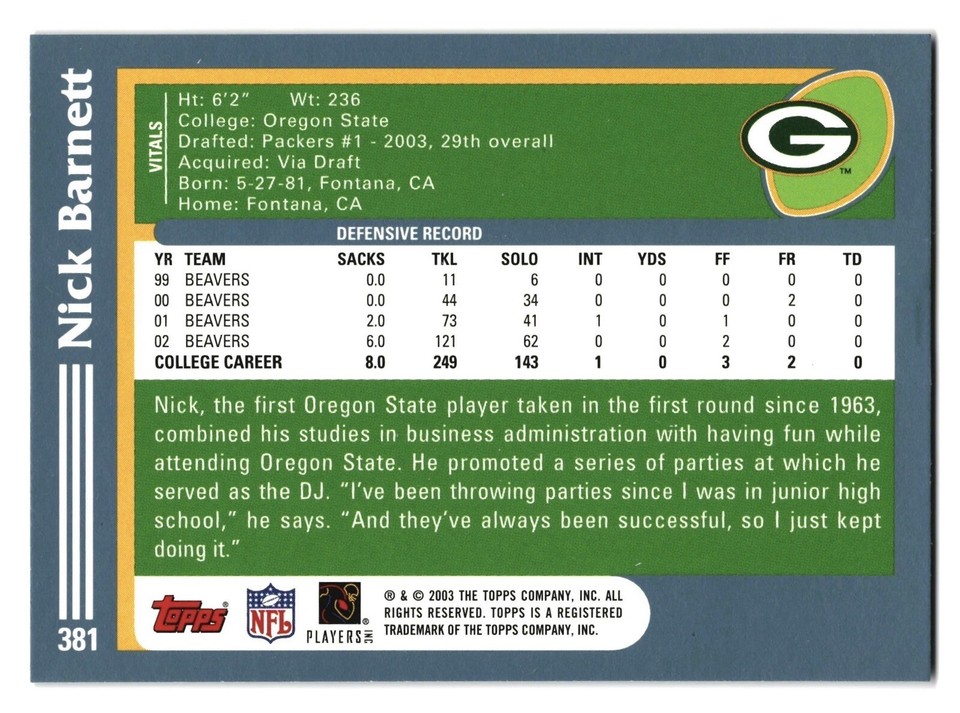 2003 Topps Football Nick Barnett Rookie Green Bay Packers #381 | eBay
