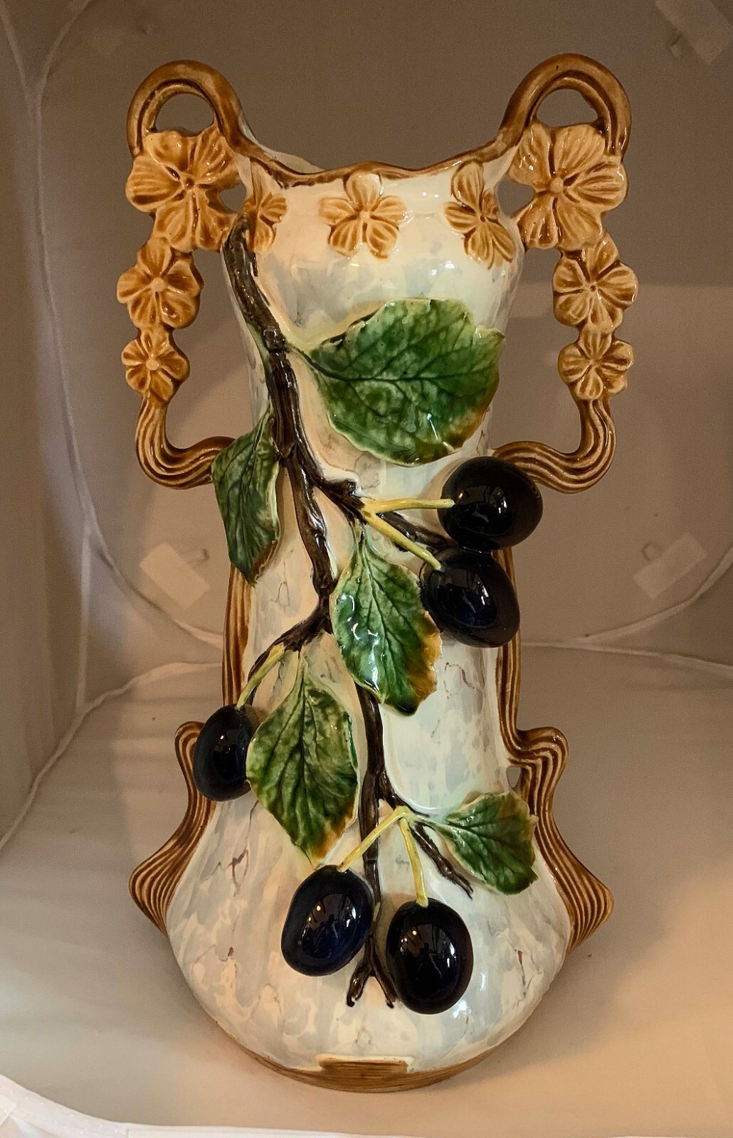 Antique 12" Josef Strnact Art Nouveau Majolica Vase #4418 With Plums On ...