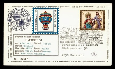 DR WHO 1983 AUSTRIA BALLOON POST D-ERGEE VI CHRISTKINDL TO KONSTANZ ...