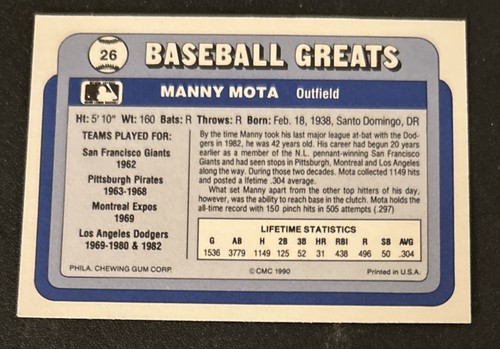 1990 Swell Baseball Greats Manny Mota Card #26 Giants Pirates Expos ...