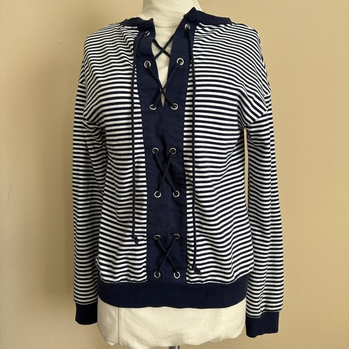 VTG NAUTICAL Striped Anchor Blue White Laced SHIRT Women's SMALL YTK ...