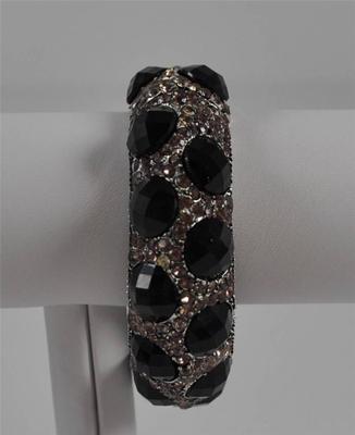 Silver Tone Black Clear Faceted Rhinestones Cuff Bracelet Handcrafted ...