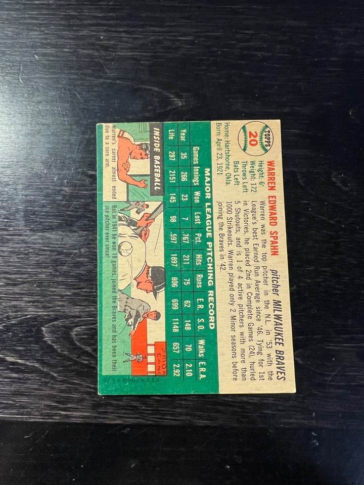 1954 TOPPS BASEBALL CARD #20 WARREN SPAHN EXMT!!!!!!!!! | eBay