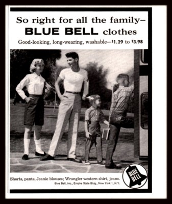 1957 A AD BLUE BELL FAMILY SCHOOL BUS CLOTHING JEANIE SHIRT WRANGLER | eBay
