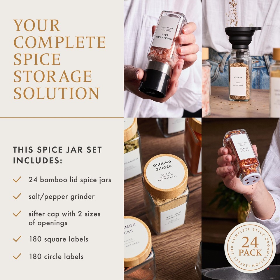Glass Spice Jars with 360 Labels -24 pcs- 4oz- Spice Containers with ...