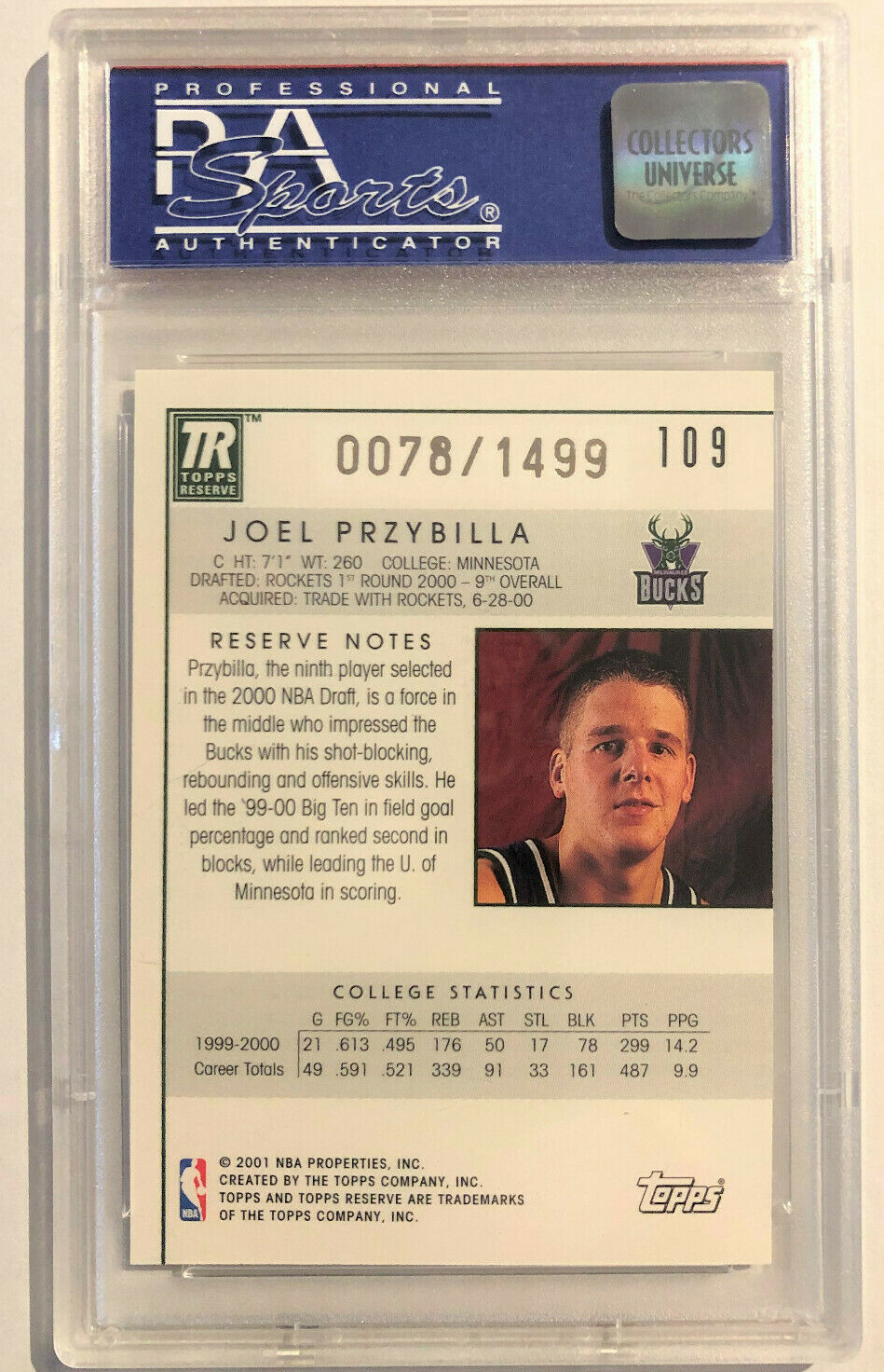 2000-01 Topps Reserve Joel Przybilla Rookie Card #109 0078/1499 PSA 9 ...