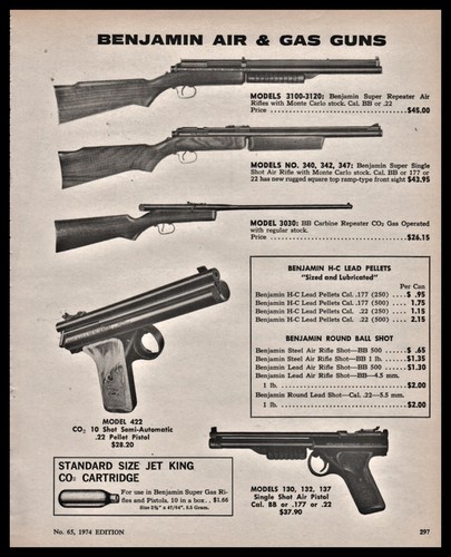 1974 BENJAMIN 3100-3120 340 342 347 3030 422 130 Air Gas Gun Rifle ...