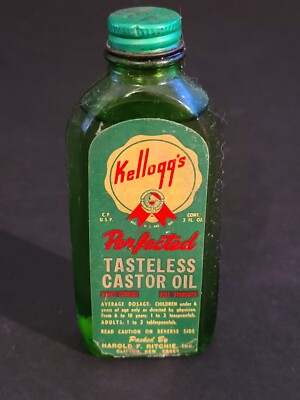 VTG Kelloggs Perfected Tasteless Castor Oil 2 oz Green Glass Bottle ...