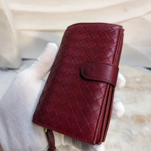 BOTTEGA VENETA Burgundy Intrecciato Weave Leather French Purse Wallet ...