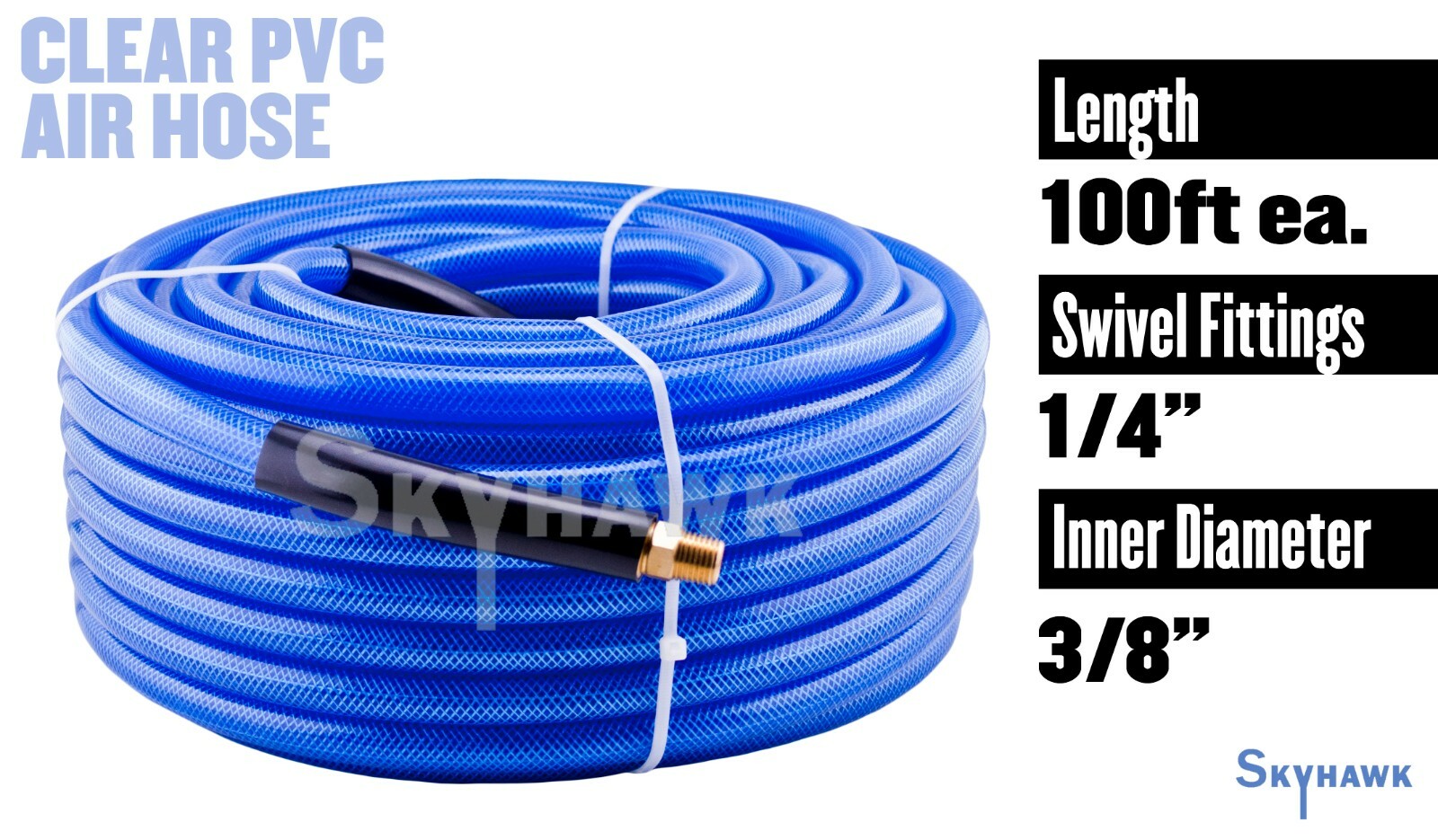 100' X 3/8" Air Hose 100 FT FLEXIBLE CLEAR BLUE PVC AIR HOSE 1/4" NPTM ...