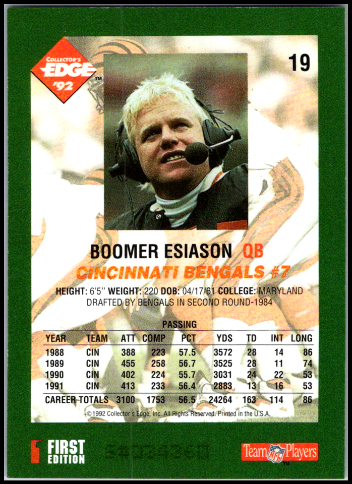 1992 Collector's Edge #19 Boomer Esiason - FREE SHIPPING! | eBay
