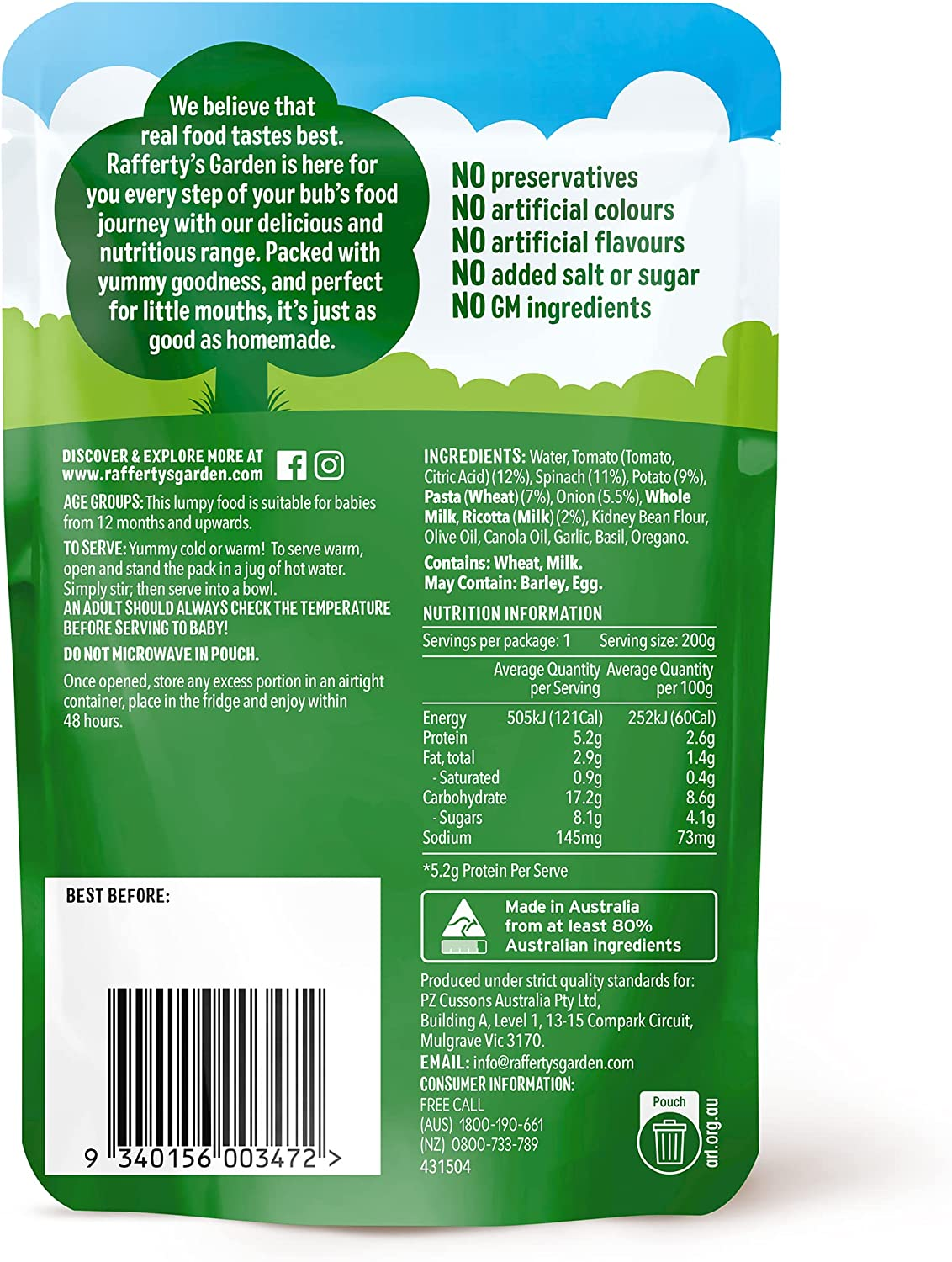 Spinach and Ricotta Macaroni Lumpy Baby Food 200 G (Case of 6) | eBay