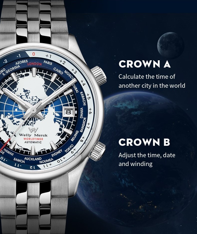 Welly Merck Automatic Mechanical Men's Watch 10ATM World Time Sapphire ...