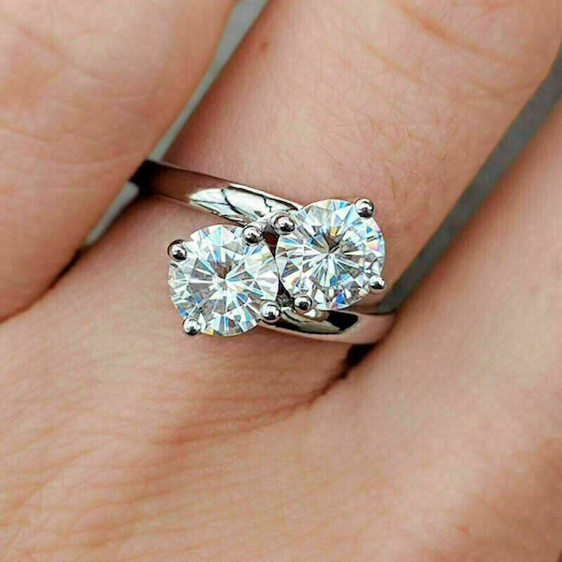 925 Sterling Silver Two Stone Round Cut Moissanite Best Engagement ...