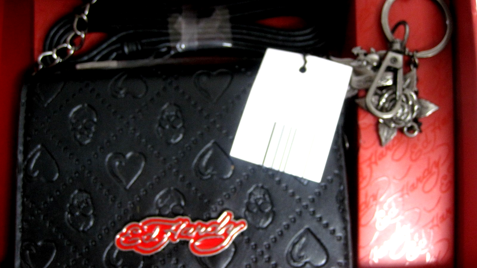 Ed Hardy Gift Set Heart Skull Micro Organizer Crossbody &Key Ring New ...