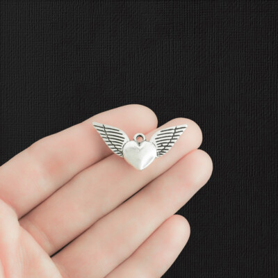 8 Winged Heart Charms Antique Silver Tone Great Quality and 2 Sided ...