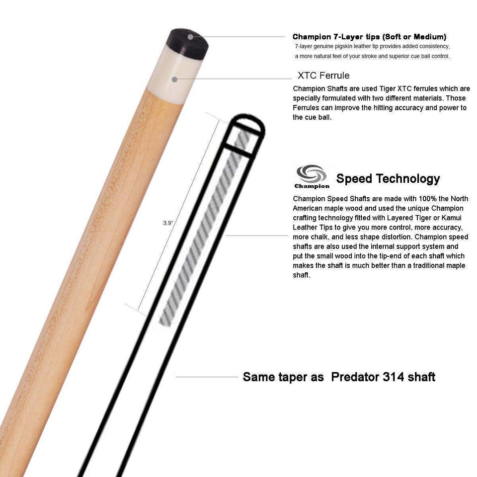 Champion GA1 Gator Pool Cue Stick, 314 Taper, 5/6x 18, White or Black ...