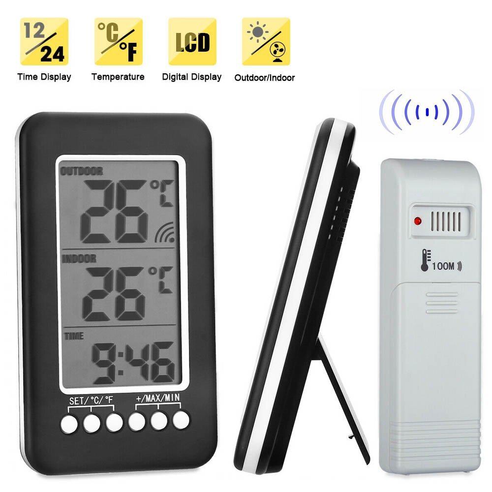 LCD Digital Indoor/Outdoor Thermometer Clock Wireless Temperature Meter ...