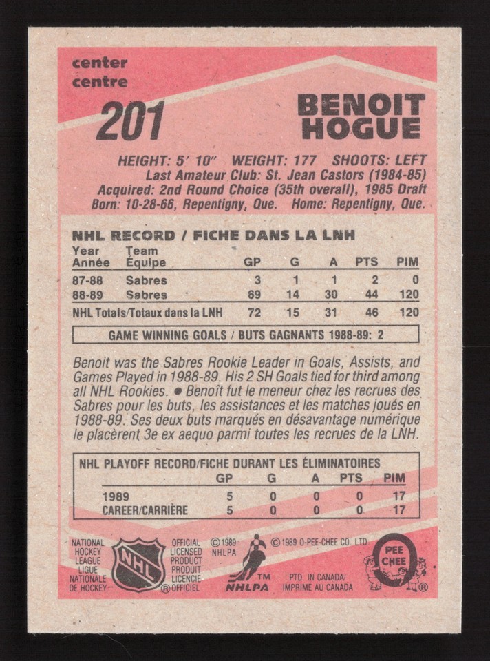 1989-90 O-Pee-Chee #201 Benoit Hogue Buffalo Sabres Rookie | eBay