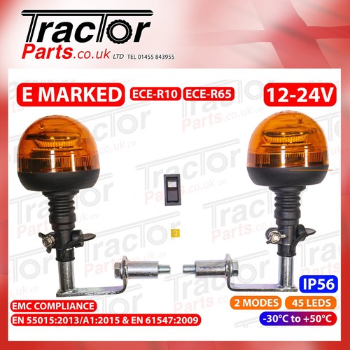 Two LED Flashing Beacons Amber Flexi Pole 12-24V XL CAB Tractor Digger ...