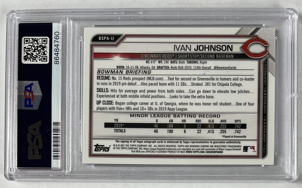 Ivan Johnson 2021 Bowman Chrome Sapphire 1st Prospect Autograph Reds ...
