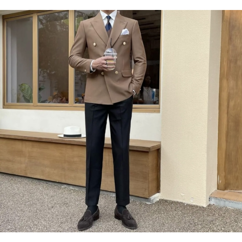 Men Casual Business Metal Buckle Suit Blazer Coat Double Breasted ...