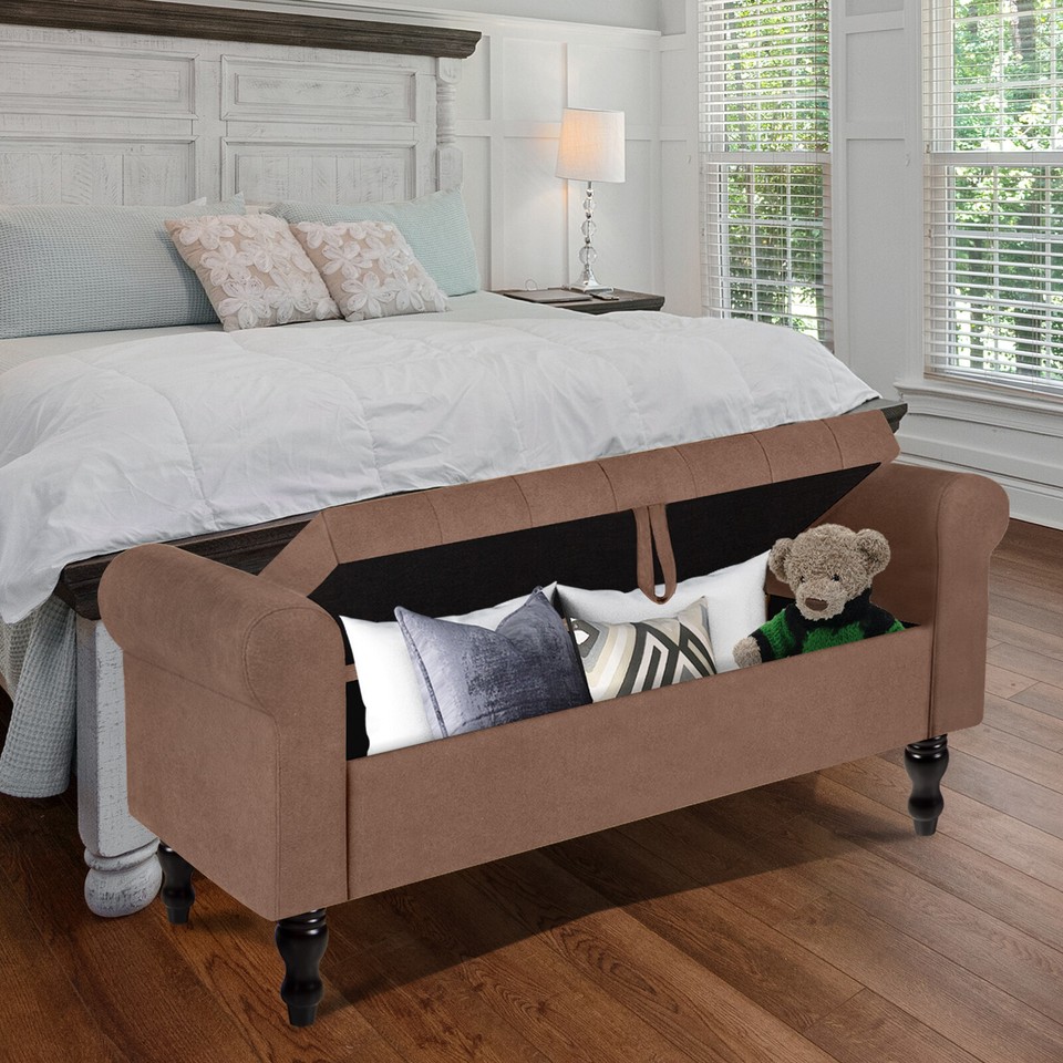 50in Storage Bench with Upholstered Rolled Arm Ottoman Bench Couch w ...