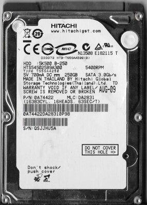 Hitachi HTS545025B9A300 250GB Sata Hard Drive P/N: 0A78262 MLC: DA3331 ...