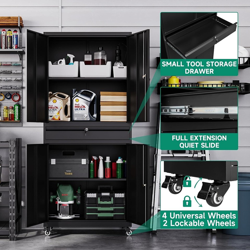 72"H Black Metal Rolling Tool Cabinet Storage Cabinet with 4 Shelves ...